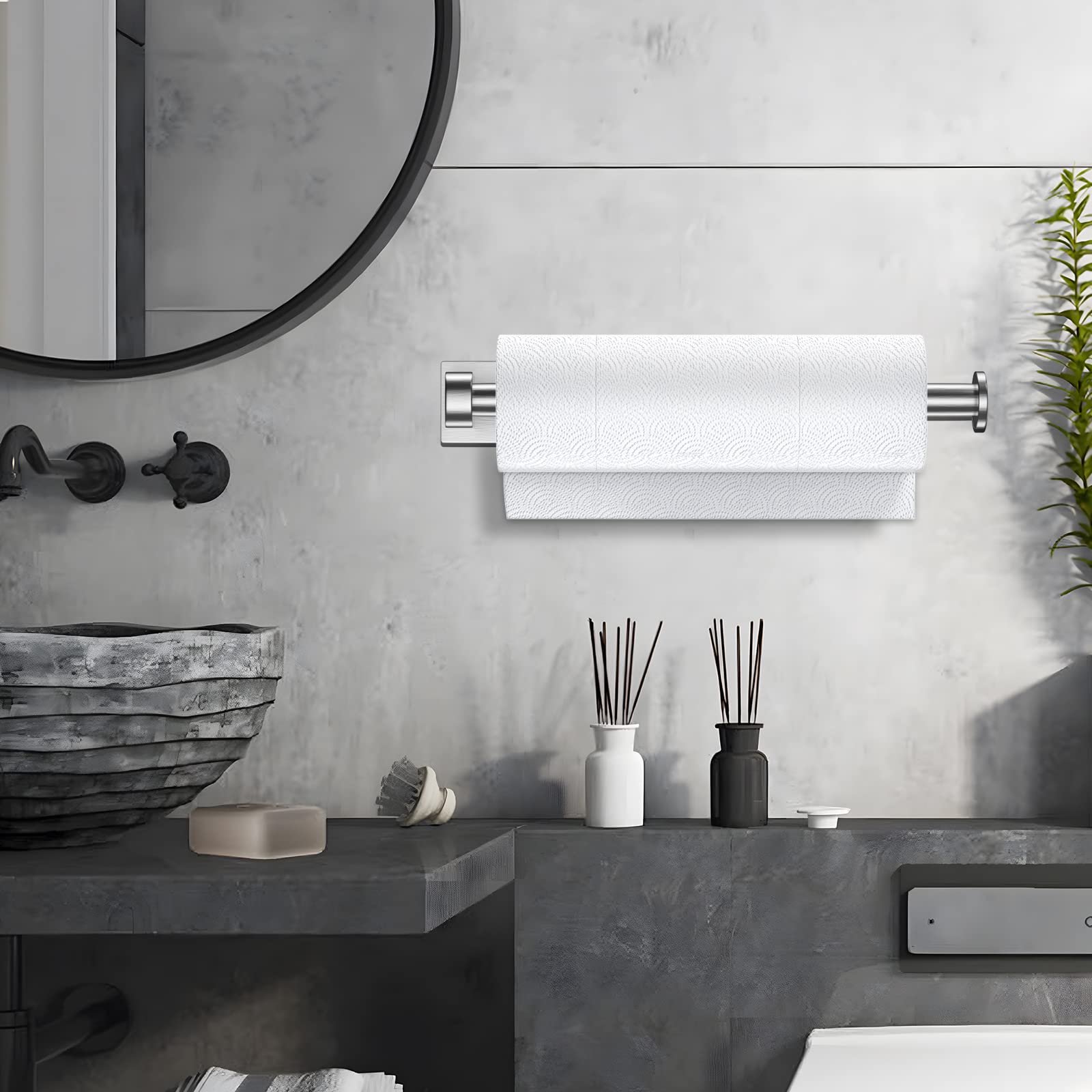 Paper Towel Holder - MUNNAR Stainless Steel Paper Towel Holder, Under Cabinet Paper Towel Rack, Self Adhesive or Drilling, Wall Mount Towel Paper Holder for Kitchen Sink Bathroom, with 4 Hooks