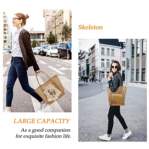 Felomdep Large Mesh Beach Tote Bag for Women,Shoulder Bag, Nylon Pool Bag, Hobo Bag for Beach Travel Shopping,Brown