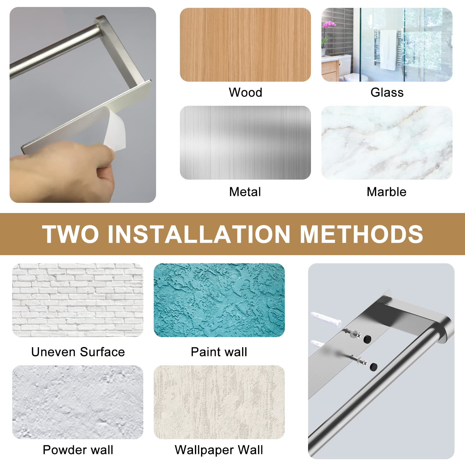 Paper Towel Holder - MUNNAR Stainless Steel Paper Towel Holder, Under Cabinet Paper Towel Rack, Self Adhesive or Drilling, Wall Mount Towel Paper Holder for Kitchen Sink Bathroom, with 4 Hooks