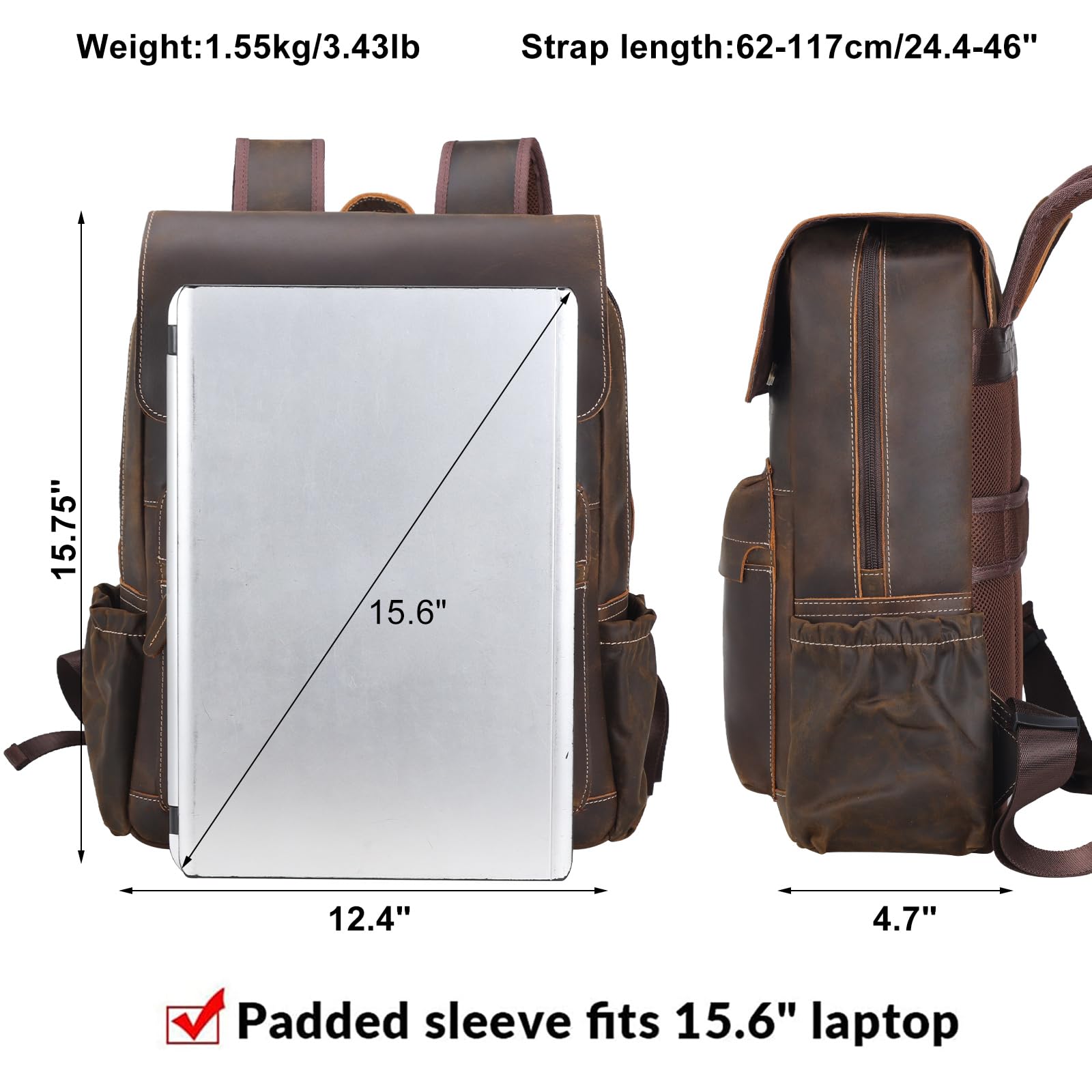 Vintage Full Grain Leather 15.6 Inch Laptop Backpack for Men Casual Travel Work Bag Bookbag Daypack with YKK Zipper Brown, Large