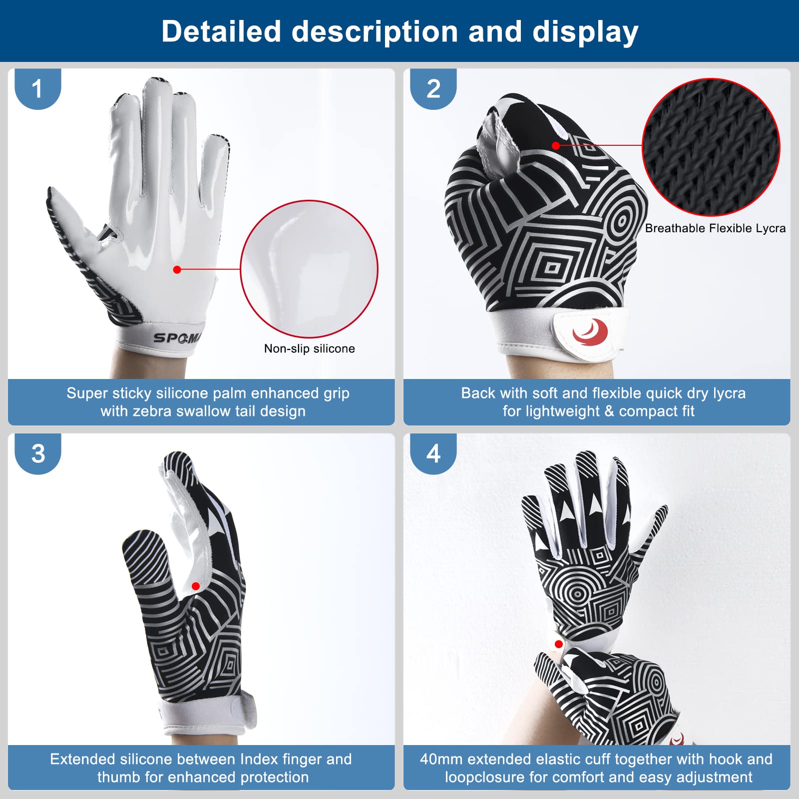 SPOMAT Youth Football Gloves Kids Silicone Grip Receiver Gloves with Super Stick Ability for Best Game Experience, Rocket Black M/L