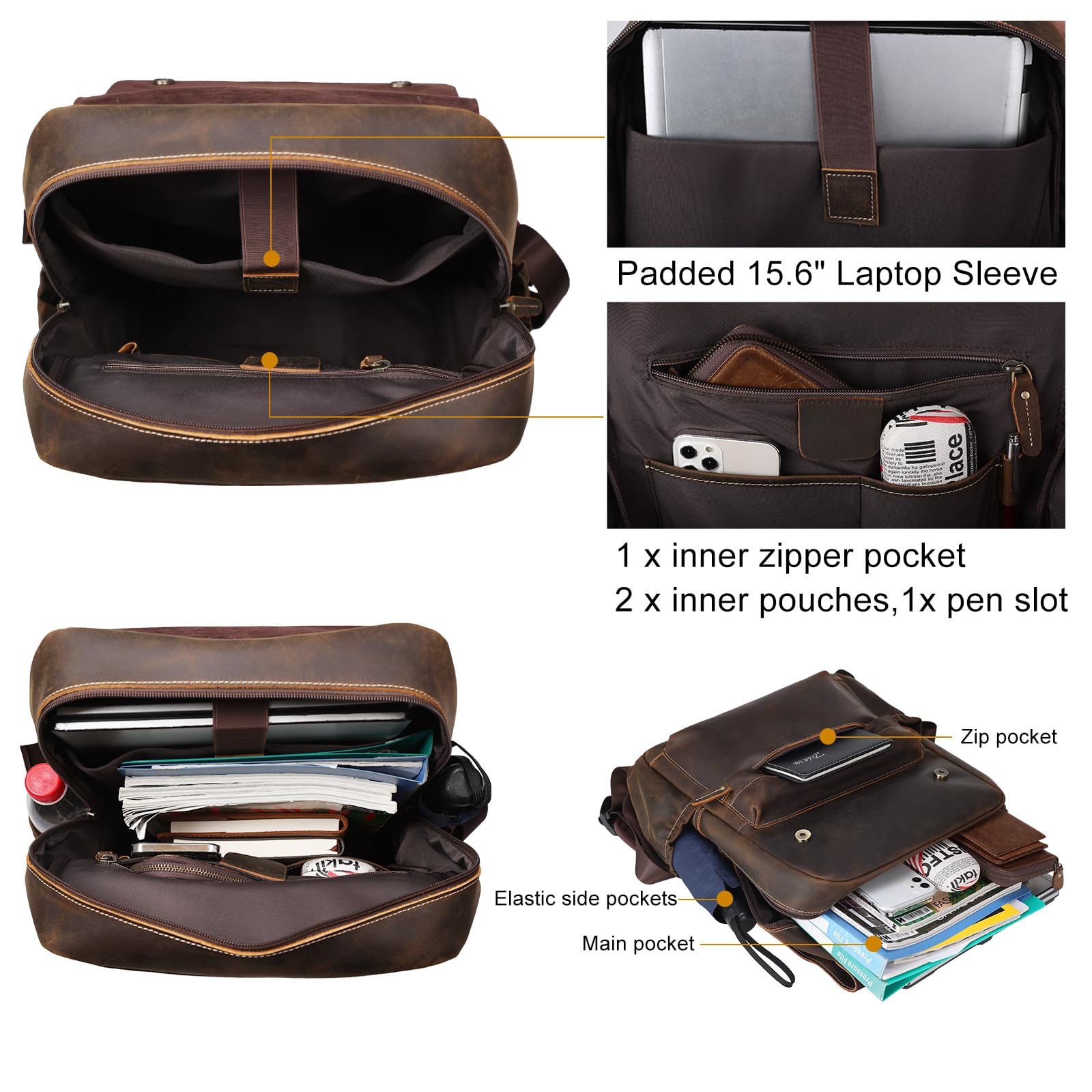 Vintage Full Grain Leather 15.6 Inch Laptop Backpack for Men Casual Travel Work Bag Bookbag Daypack with YKK Zipper Brown, Large