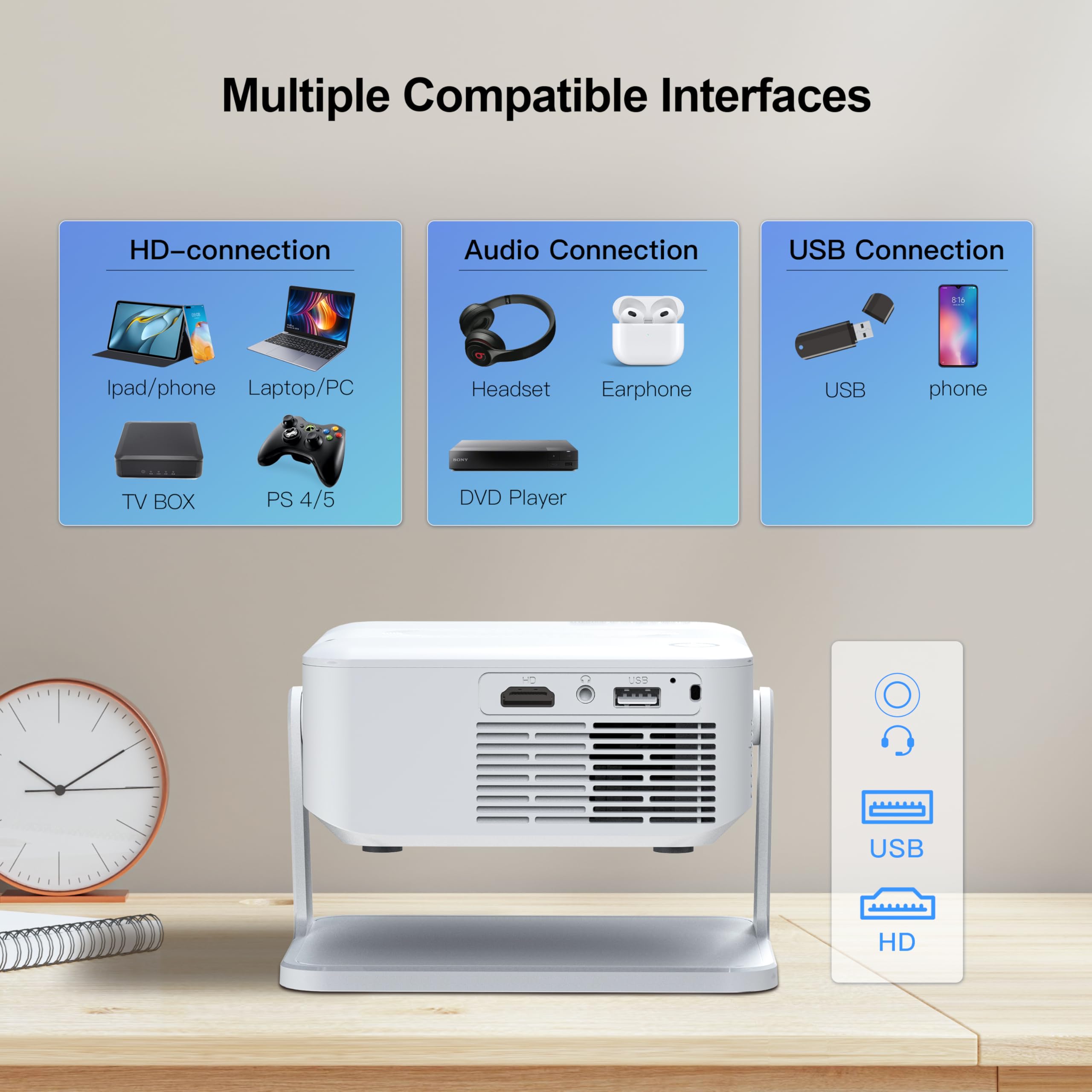 Iolieo Projector, 2023 Upgraded Portable Video Projectors,Full HD 1080P and 240'' Supported,100000Hours Multimedia Home Theater Movie Mini Projector,Compatible with HDMI,USB,VGA,AV,Laptop,Smartphone