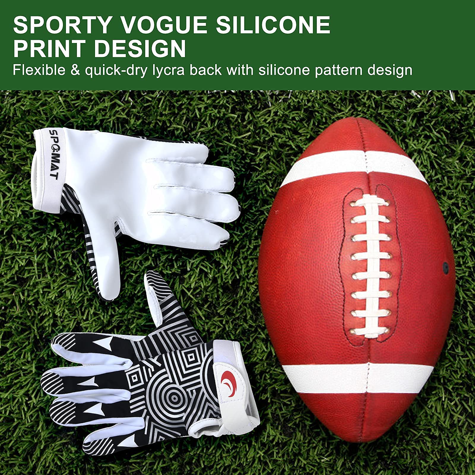 SPOMAT Youth Football Gloves Kids Silicone Grip Receiver Gloves with Super Stick Ability for Best Game Experience, Rocket Black M/L