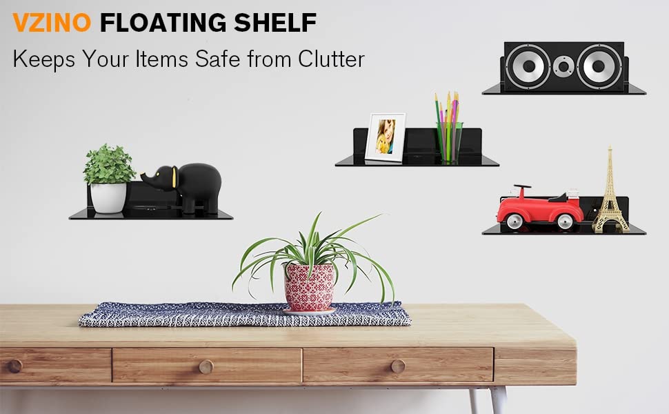 VZINO Small Adhesive Wall Shelf Set of 4, No Drill Acrylic Floating Shelves for Expand Space, Preppy Room Decor, Small Display Shelf for Smart Speaker /Action Figures with Cable Organizer