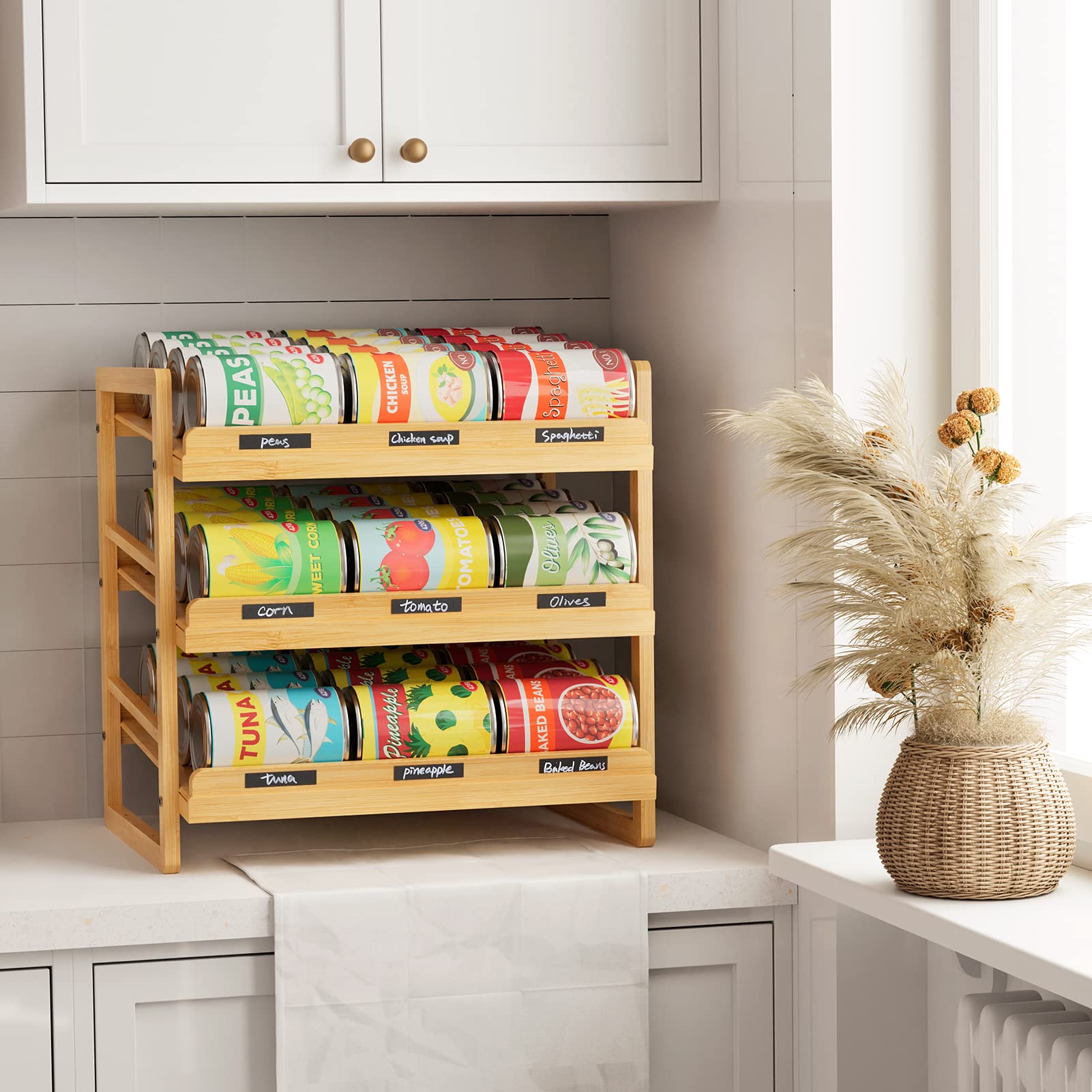 Yumkfoi Bamboo Can Rack Organizer, 3 Tier Stackable Can Storage Rack with Label Sticker and Marker Pen, Can Holder Storage Organizer for Kitchen Cabinet or Pantry (Natural Bamboo)