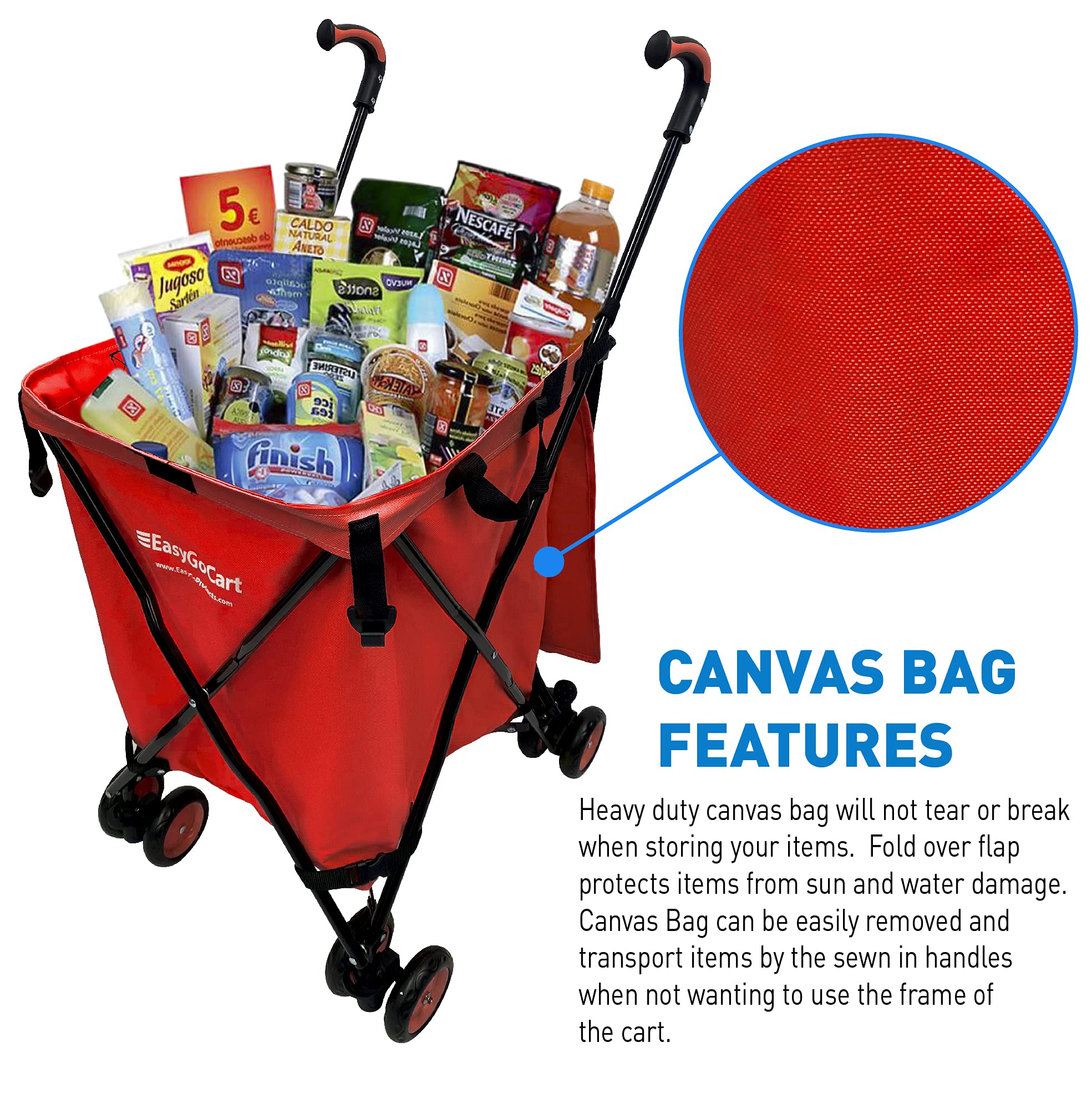 EasyGo Rolling Cart Folding Grocery Shopping Cart Laundry Basket Rolling Utility Cart with Wheels – Removable Canvas Bag - Versa Wheels & Rear Brakes - Easy Folding 120lbs Capacity – Copyrighted – RED