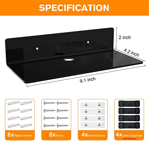 VZINO Small Adhesive Wall Shelf Set of 4, No Drill Acrylic Floating Shelves for Expand Space, Preppy Room Decor, Small Display Shelf for Smart Speaker /Action Figures with Cable Organizer