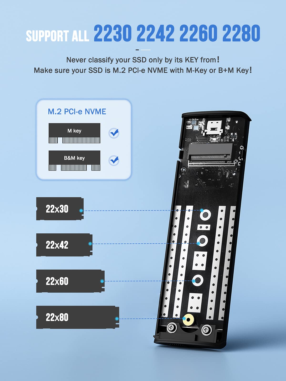 Lemorele M.2 NVMe SSD Enclosure Tool Free USB C External PCIe B+M/M-Key Hard Drive Enclosure 10Gbps USB 3.1 Gen 2 M.2 Reader Support Max 2TB w/UASP Trim, for 2230/2242 /2260/2280 SSDs, Aluminum