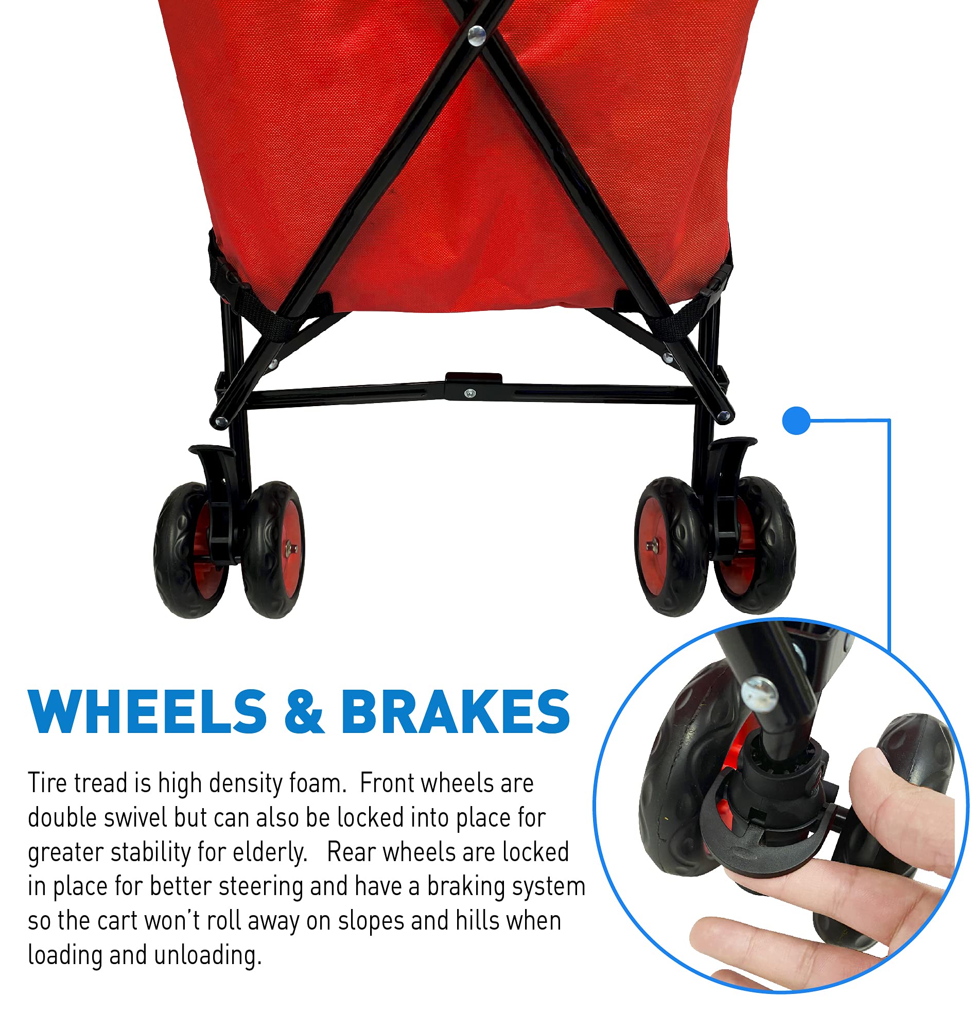 EasyGo Rolling Cart Folding Grocery Shopping Cart Laundry Basket Rolling Utility Cart with Wheels – Removable Canvas Bag - Versa Wheels & Rear Brakes - Easy Folding 120lbs Capacity – Copyrighted – RED
