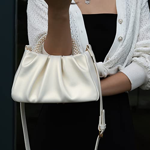 HEYCUE Women's Elegant Pearl Handbag Pleated Design Crossbody Purse Wedding Prom Bride Clutch Purse With Pearl Chain