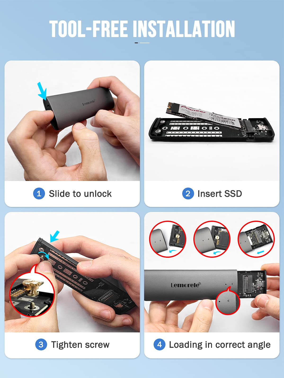 Lemorele M.2 NVMe SSD Enclosure Tool Free USB C External PCIe B+M/M-Key Hard Drive Enclosure 10Gbps USB 3.1 Gen 2 M.2 Reader Support Max 2TB w/UASP Trim, for 2230/2242 /2260/2280 SSDs, Aluminum