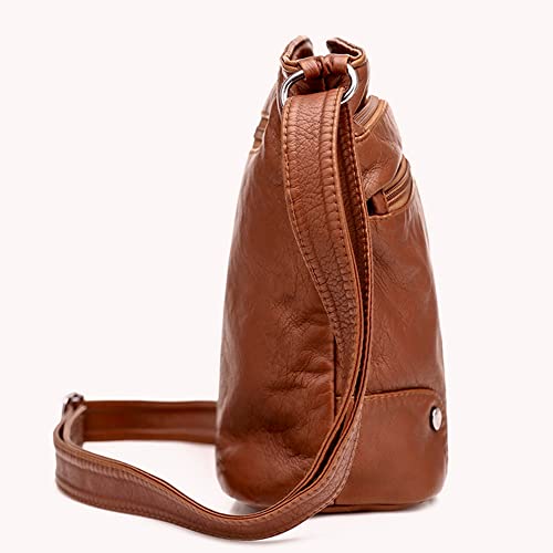 Casual Multi-zipper Messenger Totes PU Women Big Capacity Solid Shoulder Handbag, Brown, 21 x 18 x 5cm