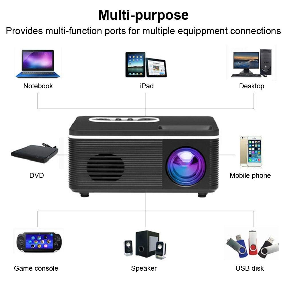 Mini Projector, S361 1080p Portable Projector HD Home LED Projector for Desktop / DVD / Mobile Phone / Speaker,for Home Party Traveling Camping,(US 100-240V)(White)