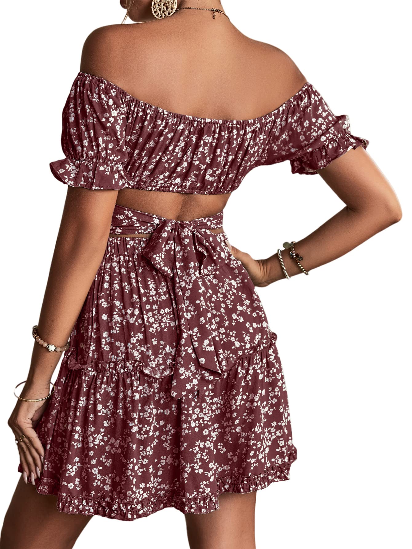 LYANER Women's 2 Piece Outfits Floral Off Shoulder Tie Up Crop Top and Mini Skirt Set Wine Red Floral Small