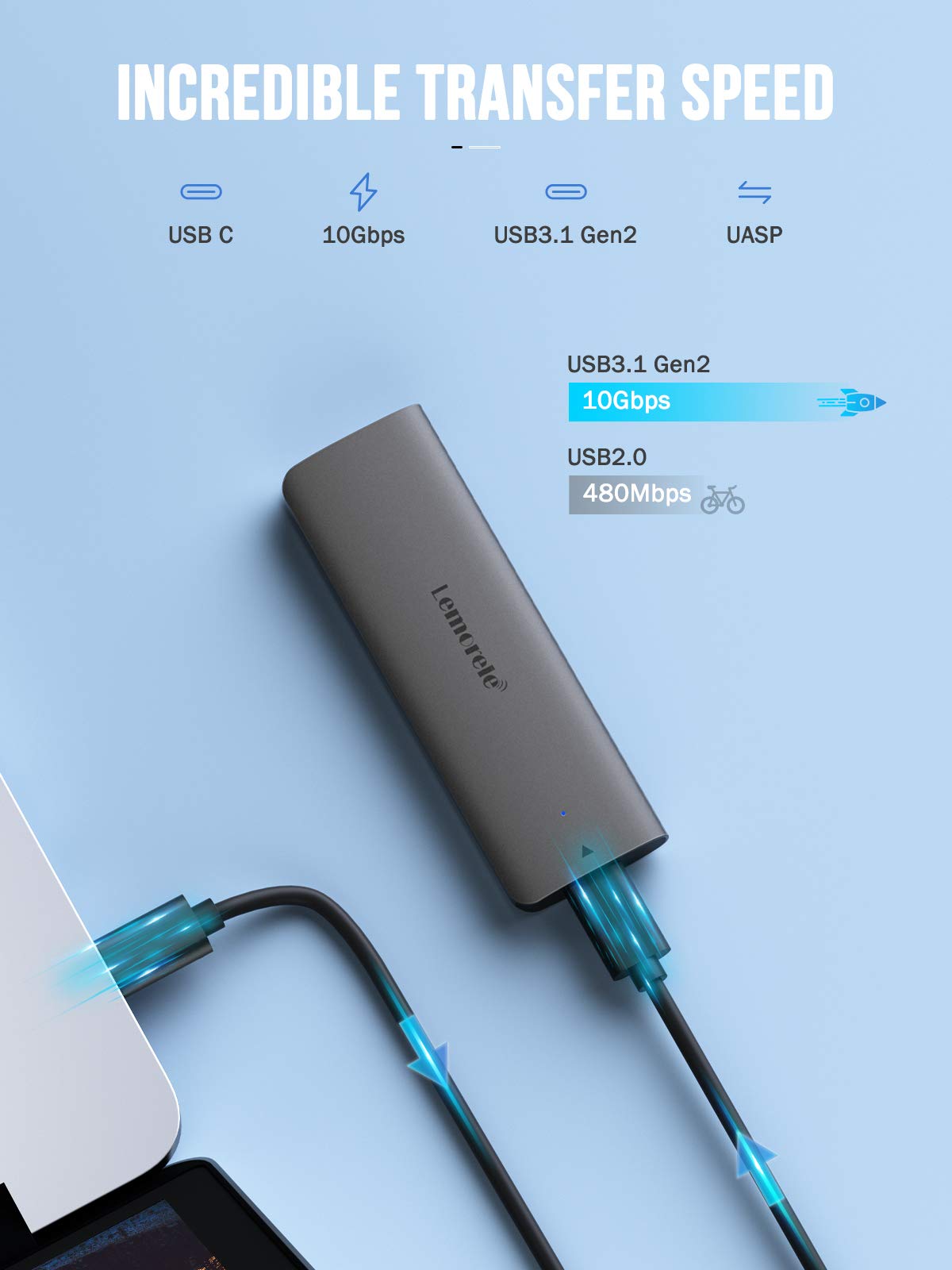 Lemorele M.2 NVMe SSD Enclosure Tool Free USB C External PCIe B+M/M-Key Hard Drive Enclosure 10Gbps USB 3.1 Gen 2 M.2 Reader Support Max 2TB w/UASP Trim, for 2230/2242 /2260/2280 SSDs, Aluminum