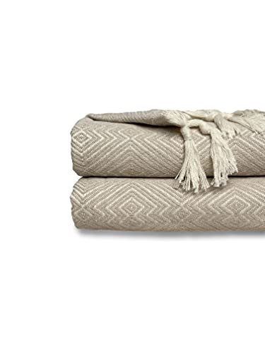 Wellstil Kaira | King Size Cotton Blanket • Vintage Turkish Throw Blankets for Sofa, Couch, Farmhouse and Home Decor • Boho Woven Bedspread • Cozy Breathable Bed Blanket 80x100 inches (Beige)