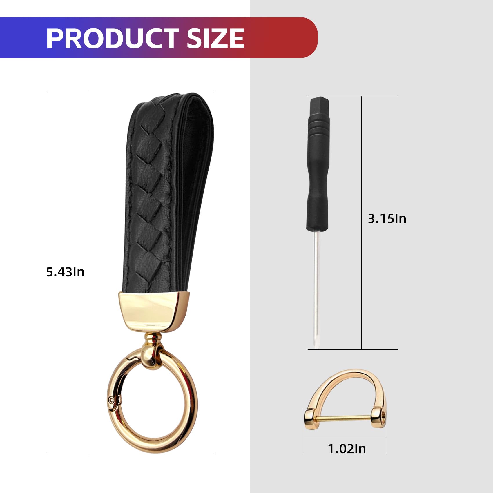 NTNEV Genuine Leather Car Keychain, Universal Car Key FOB Keychain, handmade knitted car key chain, 360 Degree Rotating with Anti-Lost D-Ring, 2 Key Rings and 1 Screwdriver, Unisex-Black