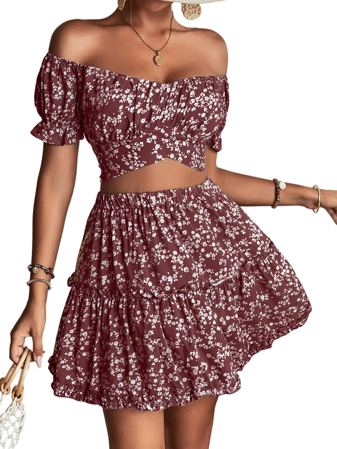 LYANER Women's 2 Piece Outfits Floral Off Shoulder Tie Up Crop Top and Mini Skirt Set Wine Red Floral Small