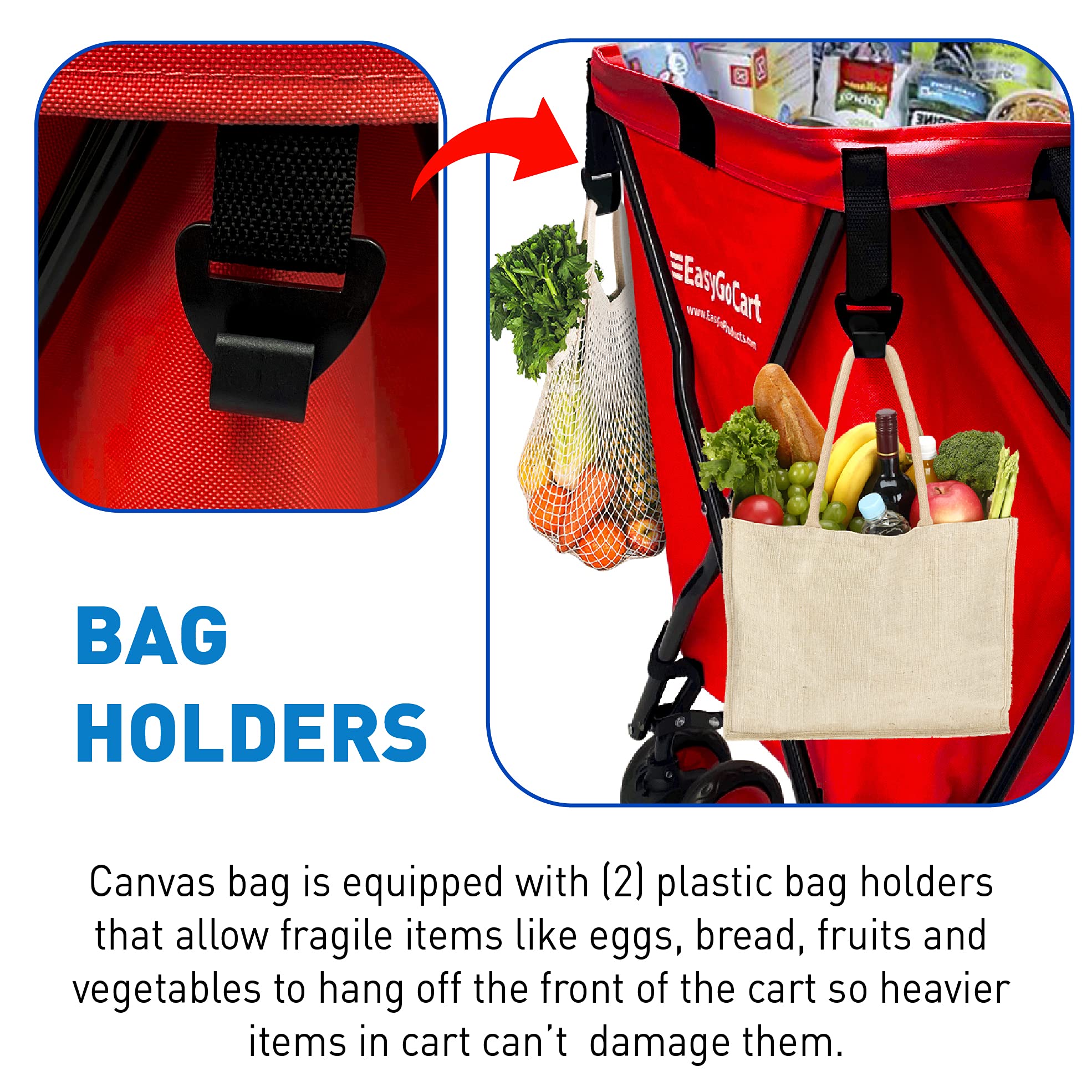 EasyGo Rolling Cart Folding Grocery Shopping Cart Laundry Basket Rolling Utility Cart with Wheels – Removable Canvas Bag - Versa Wheels & Rear Brakes - Easy Folding 120lbs Capacity – Copyrighted – RED