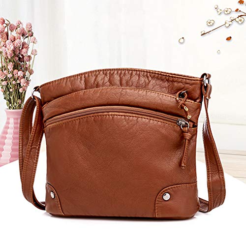 Casual Multi-zipper Messenger Totes PU Women Big Capacity Solid Shoulder Handbag, Brown, 21 x 18 x 5cm