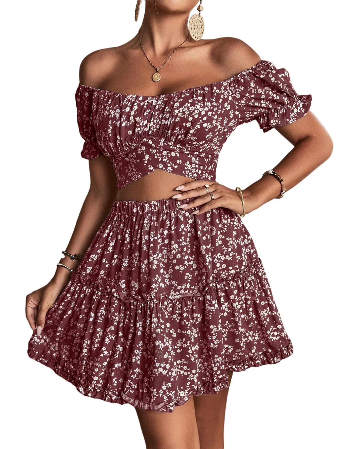 LYANER Women's 2 Piece Outfits Floral Off Shoulder Tie Up Crop Top and Mini Skirt Set Wine Red Floral Small