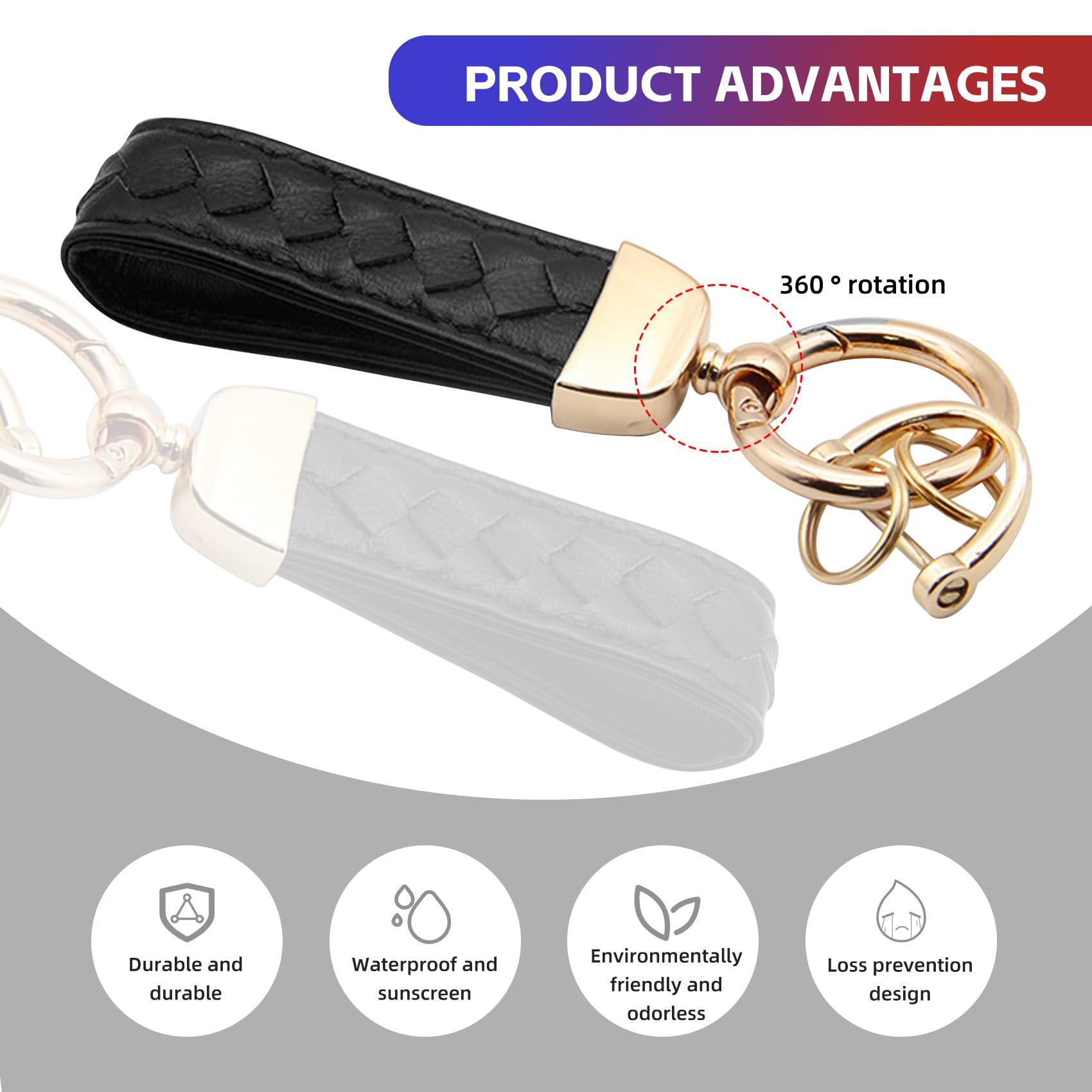 NTNEV Genuine Leather Car Keychain, Universal Car Key FOB Keychain, handmade knitted car key chain, 360 Degree Rotating with Anti-Lost D-Ring, 2 Key Rings and 1 Screwdriver, Unisex-Black