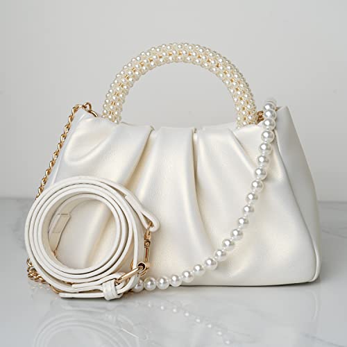 HEYCUE Women's Elegant Pearl Handbag Pleated Design Crossbody Purse Wedding Prom Bride Clutch Purse With Pearl Chain
