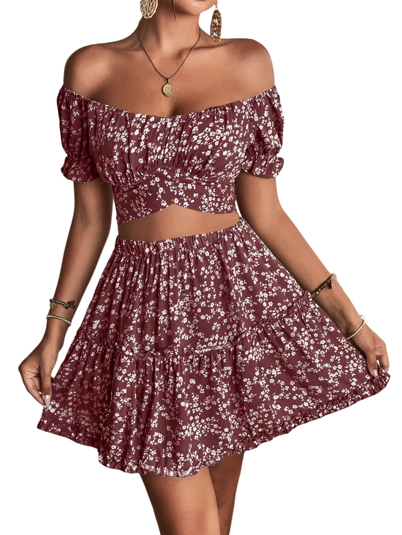 LYANER Women's 2 Piece Outfits Floral Off Shoulder Tie Up Crop Top and Mini Skirt Set Wine Red Floral Small