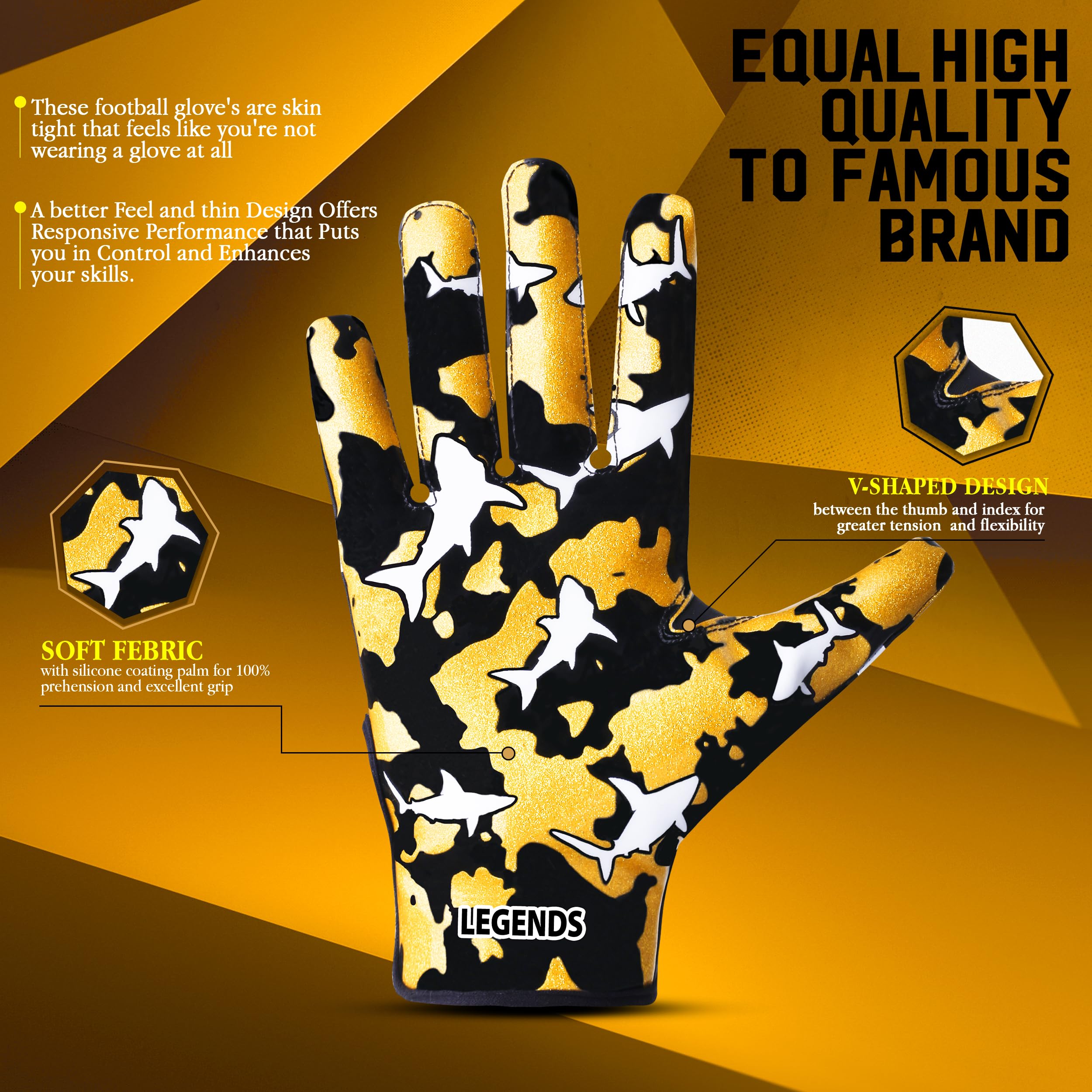 Limited Edition Football Gloves Fit Youth Football Gloves Tacky Football Gloves Men, Football Gloves for Kids 8-12 Receiver Gloves Adult/Football Gloves Youth (Shark/Black&Gold, Youth XS/Small)