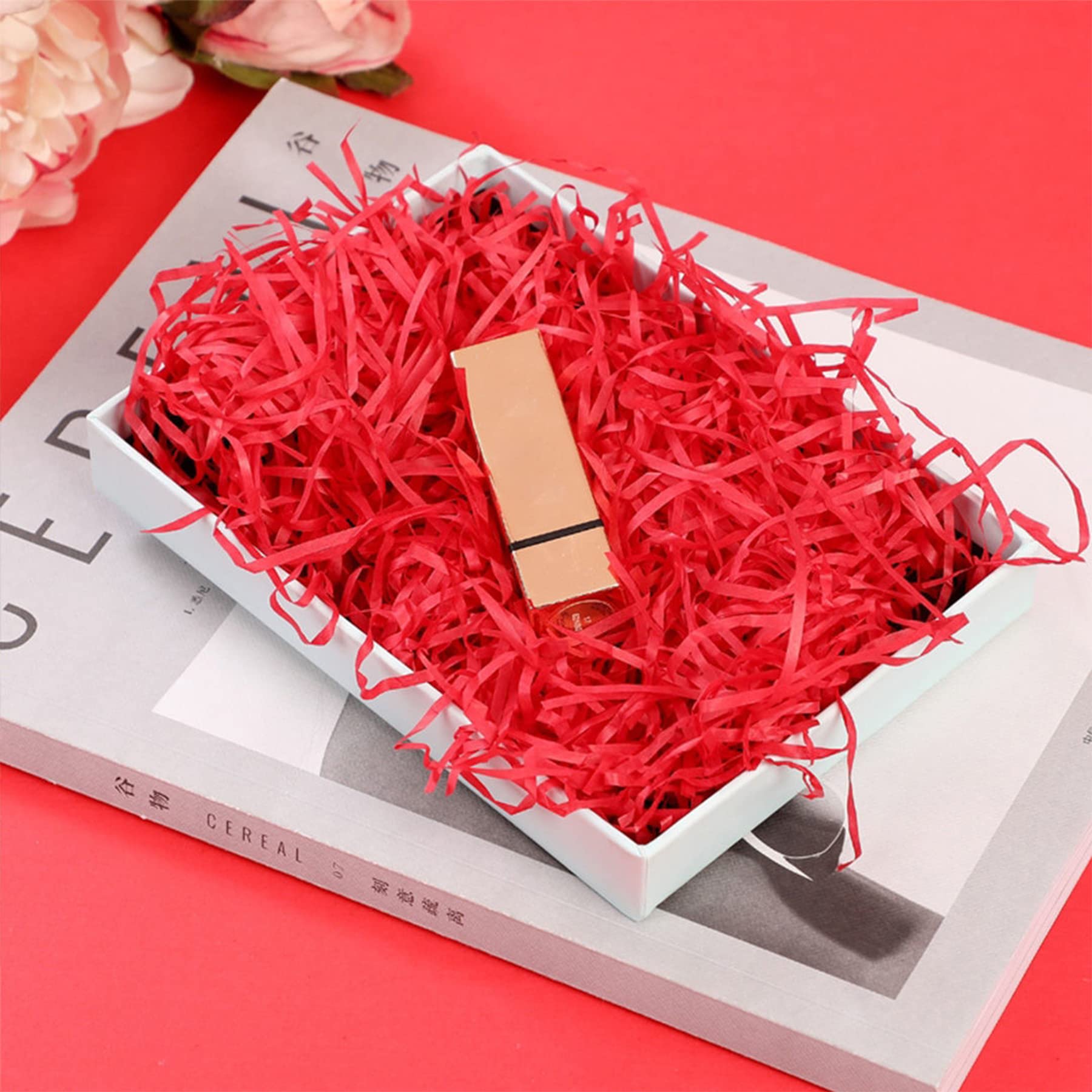 PEVOGON Red Easter Grass Raffia Filler Paper Shreds for Easter Basket Gift Packaging Filling Egg Stuffer Party Supplies Decoration, 200G