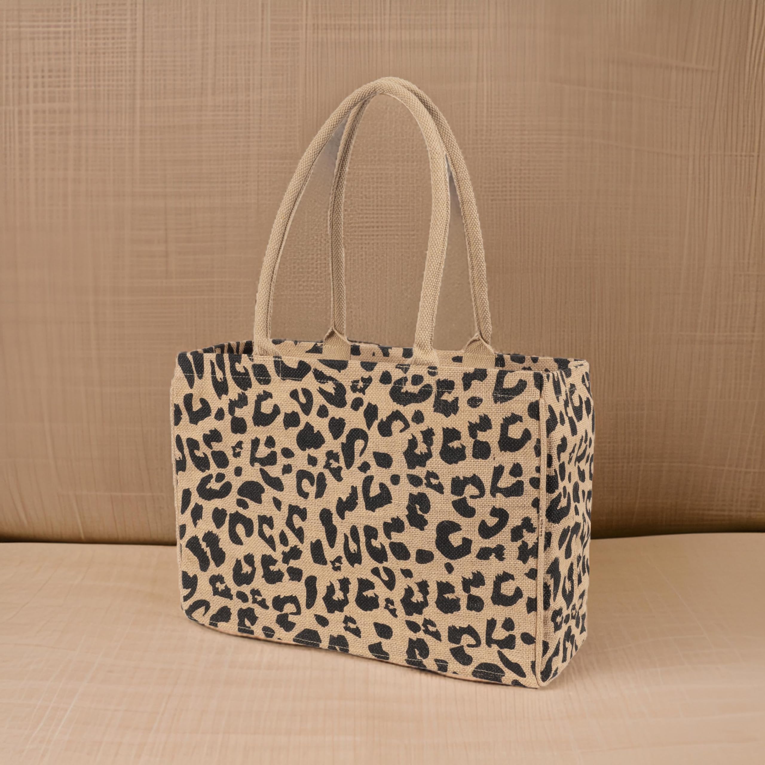 KAF Home Jute Market Tote Bag with Leopard Print, Durable Handle, Reinforced Bottom and Interior Zipper Pocket, Generous capacity, 12.5" tall x 17" wide x 7" deep
