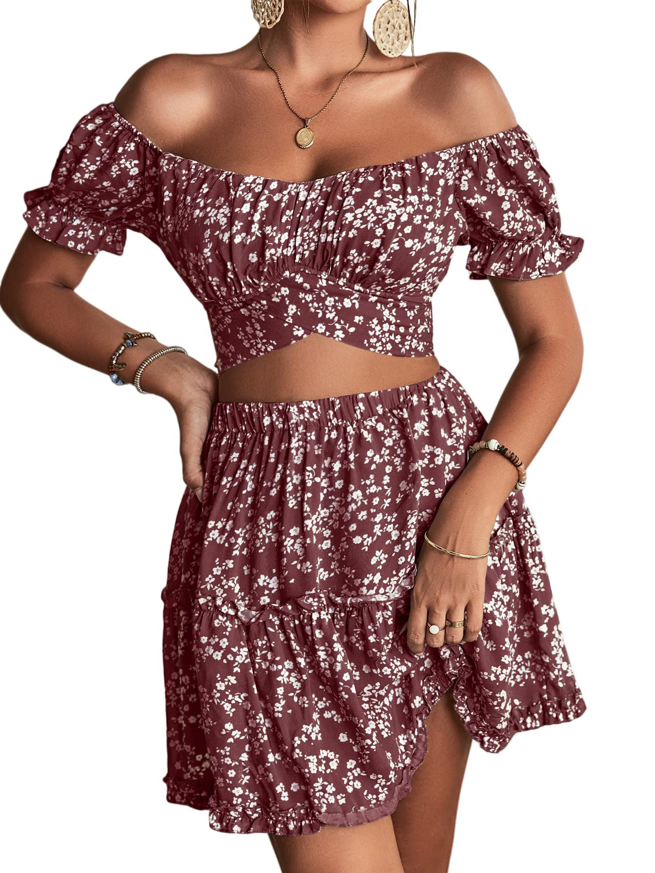 LYANER Women's 2 Piece Outfits Floral Off Shoulder Tie Up Crop Top and Mini Skirt Set Wine Red Floral Small