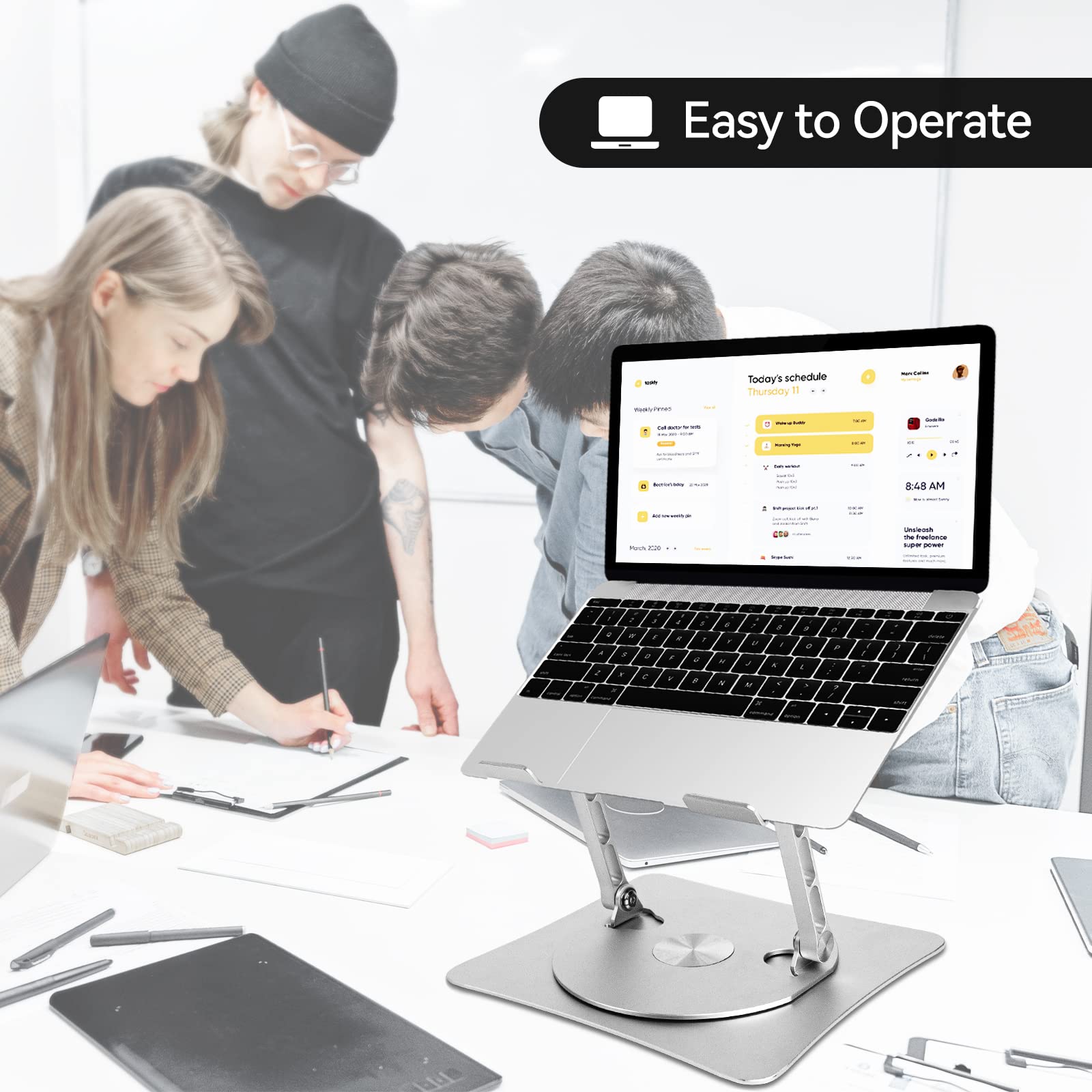 Bcom Adjustable Laptop Stand with 360° Rotating Base,Foldable Aluminum Alloy Computer Laptop Riser,Ergonomic Design,Compatible with 10 to 17" Laptops,Laptop Stand for Desk for Office and Home,Silver
