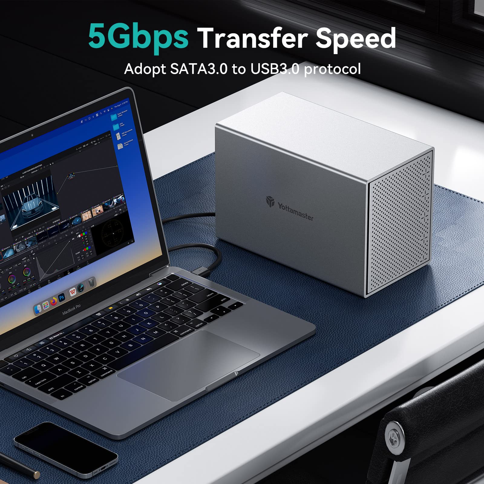 Yottamaster 5 Bay External Hard Drive Enclosure, Aluminum USB3.0 3.5" HDD Enclosure for 3.5 & 2.5 Inch SATA HDD/SSD, Support 90TB(5x18TB) Direct Attached Storage DAS, Non-RAID [PS500U3]