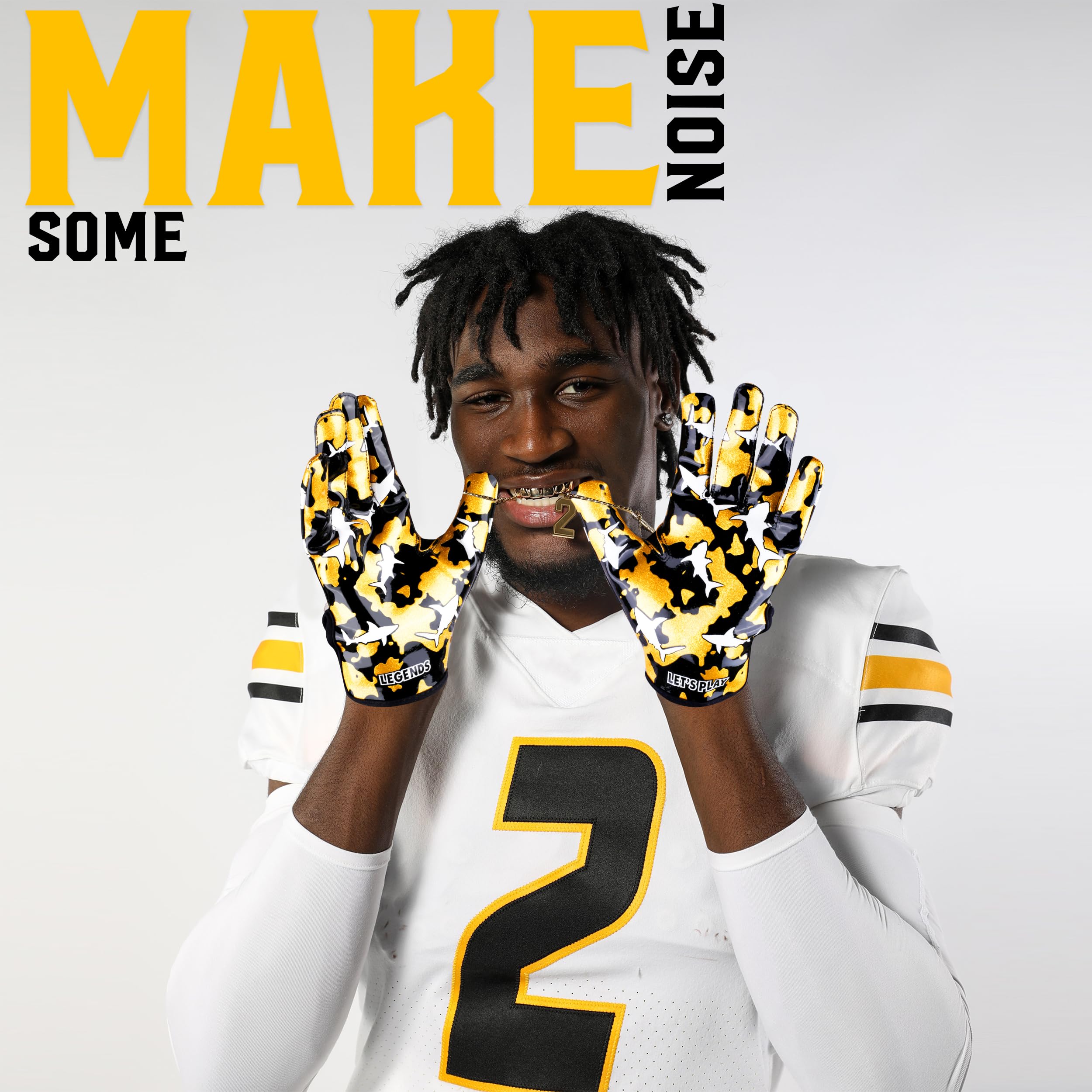 Limited Edition Football Gloves Fit Youth Football Gloves Tacky Football Gloves Men, Football Gloves for Kids 8-12 Receiver Gloves Adult/Football Gloves Youth (Shark/Black&Gold, Youth XS/Small)