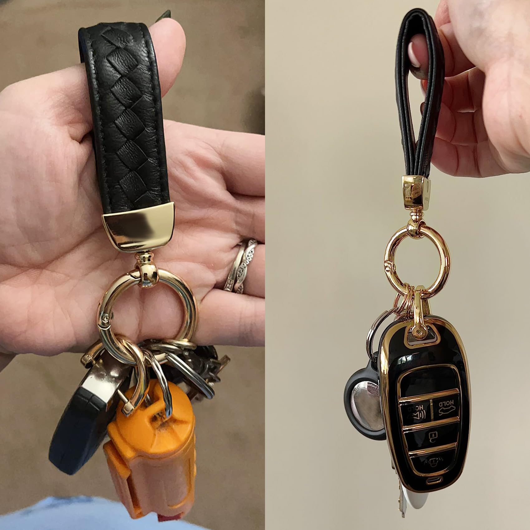 NTNEV Genuine Leather Car Keychain, Universal Car Key FOB Keychain, handmade knitted car key chain, 360 Degree Rotating with Anti-Lost D-Ring, 2 Key Rings and 1 Screwdriver, Unisex-Black