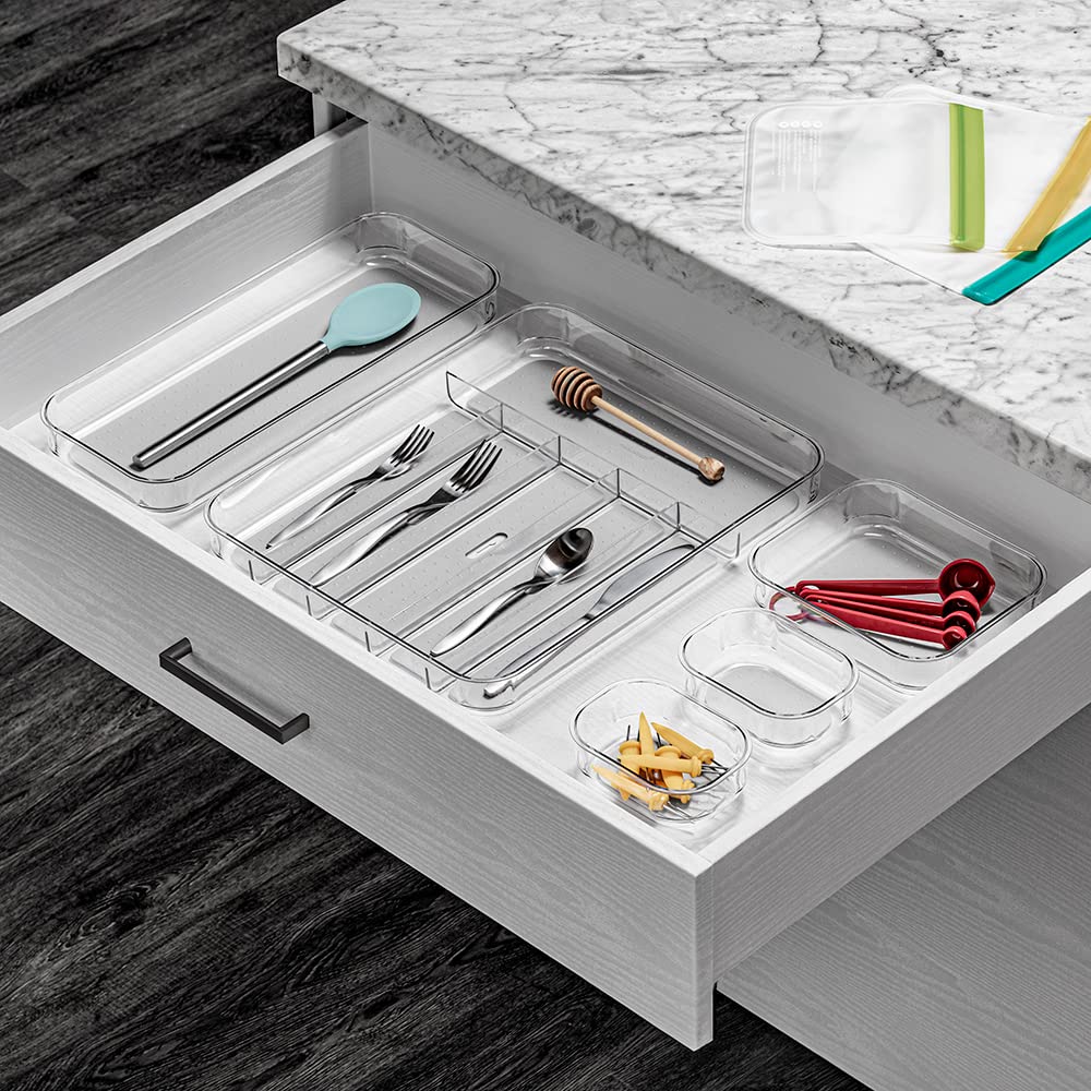 madesmart Antimicrobial Clear Soft Grip Large Silverware Tray, Non-Slip Kitchen Drawer Organizer, 6 Compartments, Multi-Purpose Home Organization, EPA Certified, Light Grey