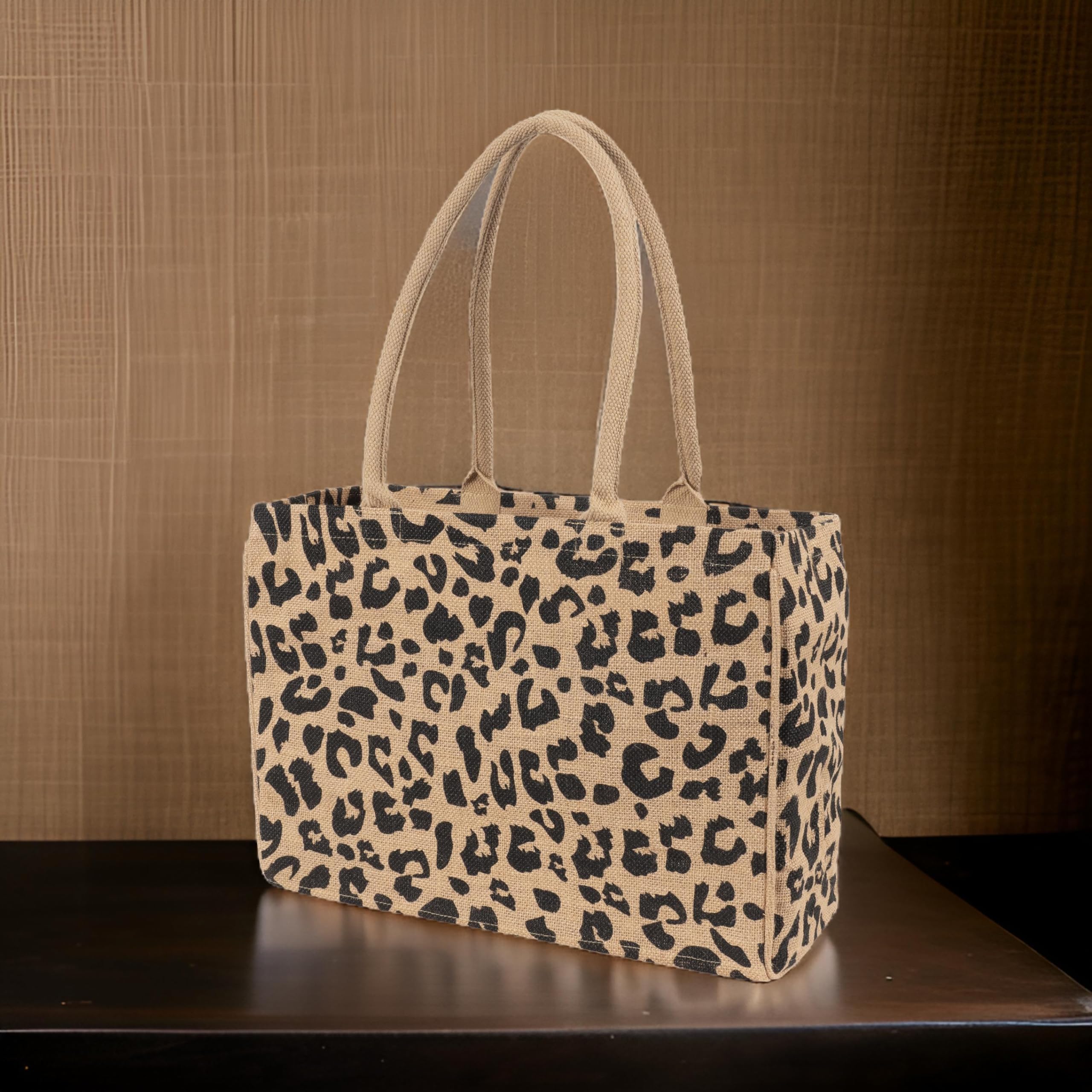 KAF Home Jute Market Tote Bag with Leopard Print, Durable Handle, Reinforced Bottom and Interior Zipper Pocket, Generous capacity, 12.5" tall x 17" wide x 7" deep