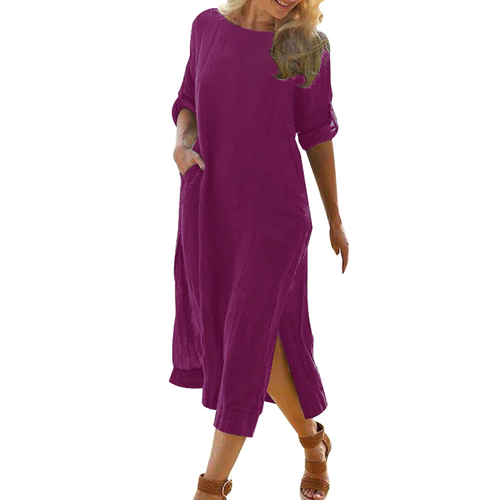 Evening Dresses for Women Elegant Women Summer Dress Round Neck Loose Elegant Cotton Linen Casual Retro Long Sleeve Hot Pink