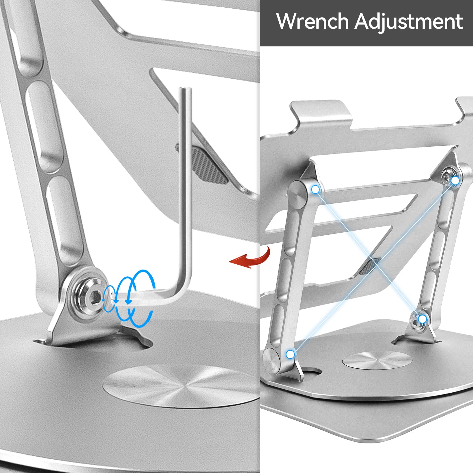Bcom Adjustable Laptop Stand with 360° Rotating Base,Foldable Aluminum Alloy Computer Laptop Riser,Ergonomic Design,Compatible with 10 to 17" Laptops,Laptop Stand for Desk for Office and Home,Silver