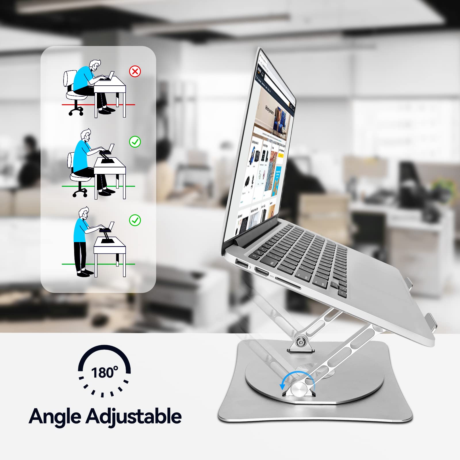 Bcom Adjustable Laptop Stand with 360° Rotating Base,Foldable Aluminum Alloy Computer Laptop Riser,Ergonomic Design,Compatible with 10 to 17" Laptops,Laptop Stand for Desk for Office and Home,Silver