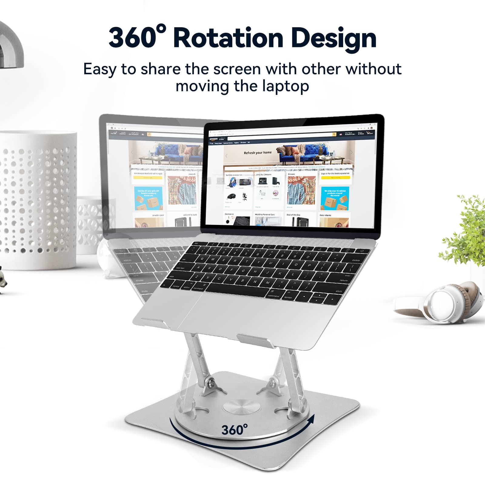 Bcom Adjustable Laptop Stand with 360° Rotating Base,Foldable Aluminum Alloy Computer Laptop Riser,Ergonomic Design,Compatible with 10 to 17" Laptops,Laptop Stand for Desk for Office and Home,Silver