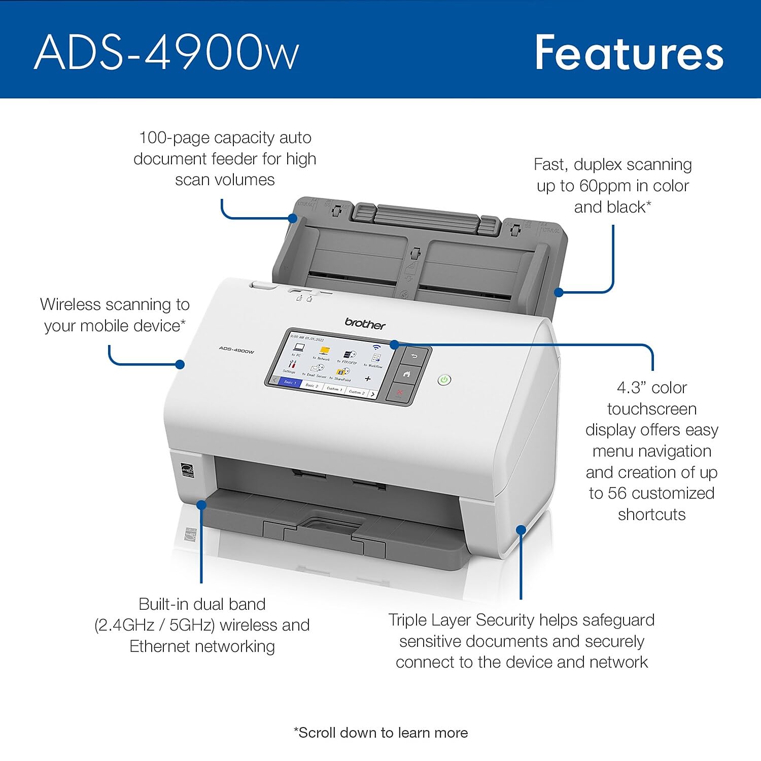 Brother ADS-4900W Professional Desktop Scanner with Fast Scan Speeds, Duplex, Wireless, and Large Touchscreen