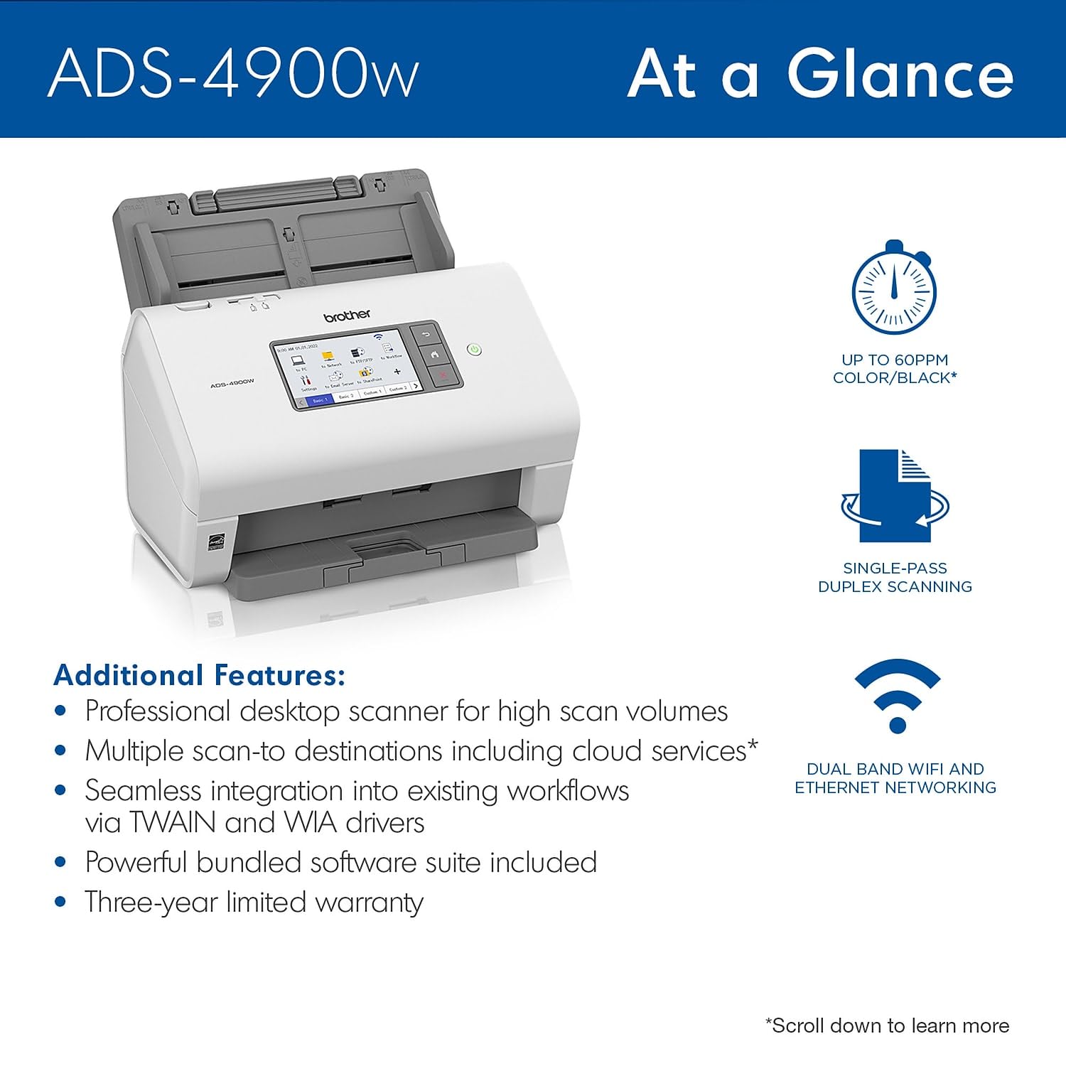 Brother ADS-4900W Professional Desktop Scanner with Fast Scan Speeds, Duplex, Wireless, and Large Touchscreen