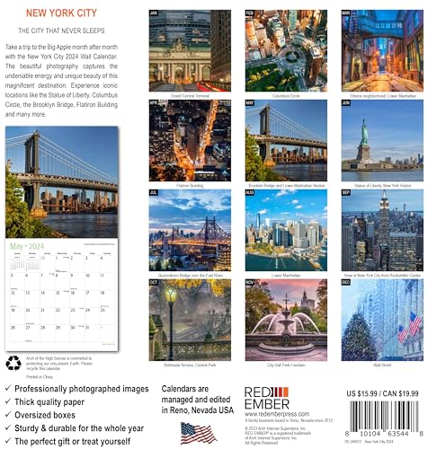 RED EMBER New York City 2024 Wall Calendar 12 Month | 12" x 24" Open | Thick & Sturdy Paper | Giftable | Calendar 2024