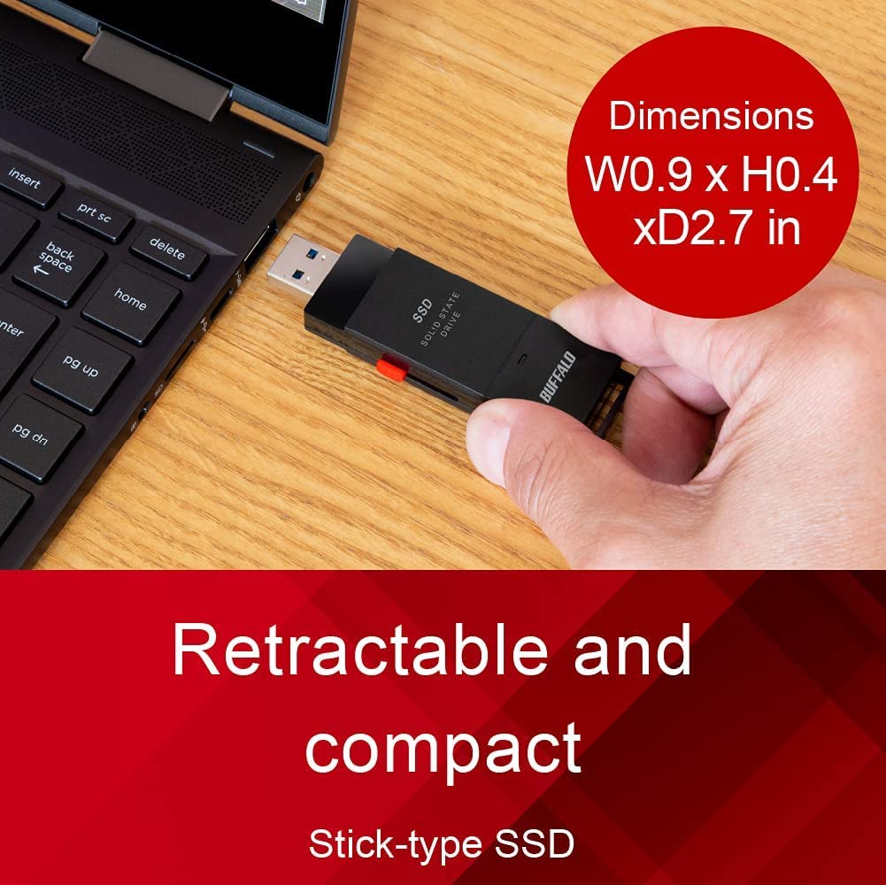 BUFFALO External SSD 2TB - Up to 600MB/s - USB-C - USB-A - USB 3.2 Gen 2 (Compatible with PS4 / PS5 / Windows/Mac) - External Solid State Drive Stick - SSD-PUT2.0U3B