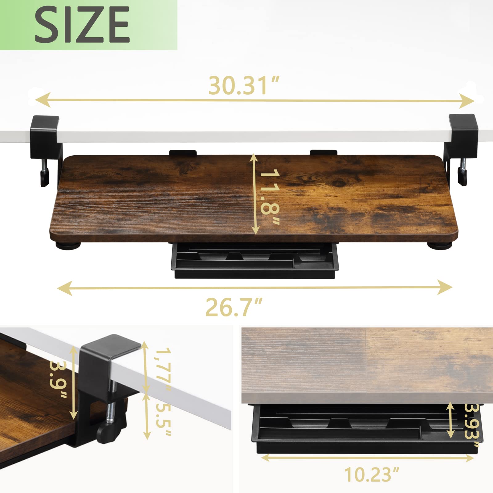 ETHU Keyboard Tray Under Desk, 26.77" X 11.81" Large Size Keyboard Tray with C Clamp-on Mount Easy to Install, Computer Keyboard Stand, Ergonomic Keyboard Tray for Home and Office
