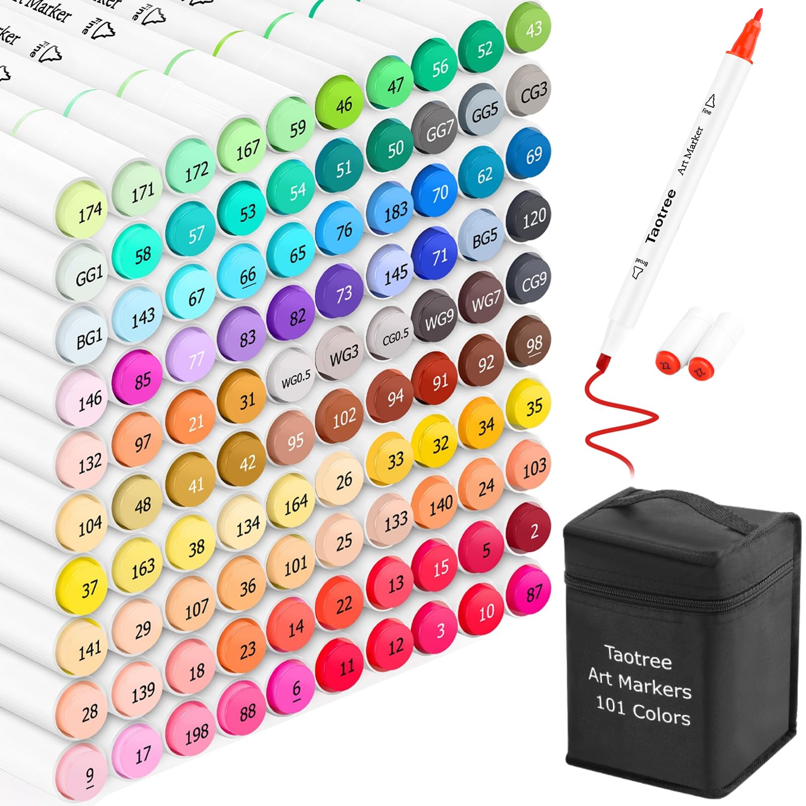 Taotree 101 Colors Alcohol Based Markers, Dual Tips Permanent Art Markers Highlighter Pen Sketch Markers for Kids Adult Coloring Drawing Sketching Illustration and Card Making (White Penholder)
