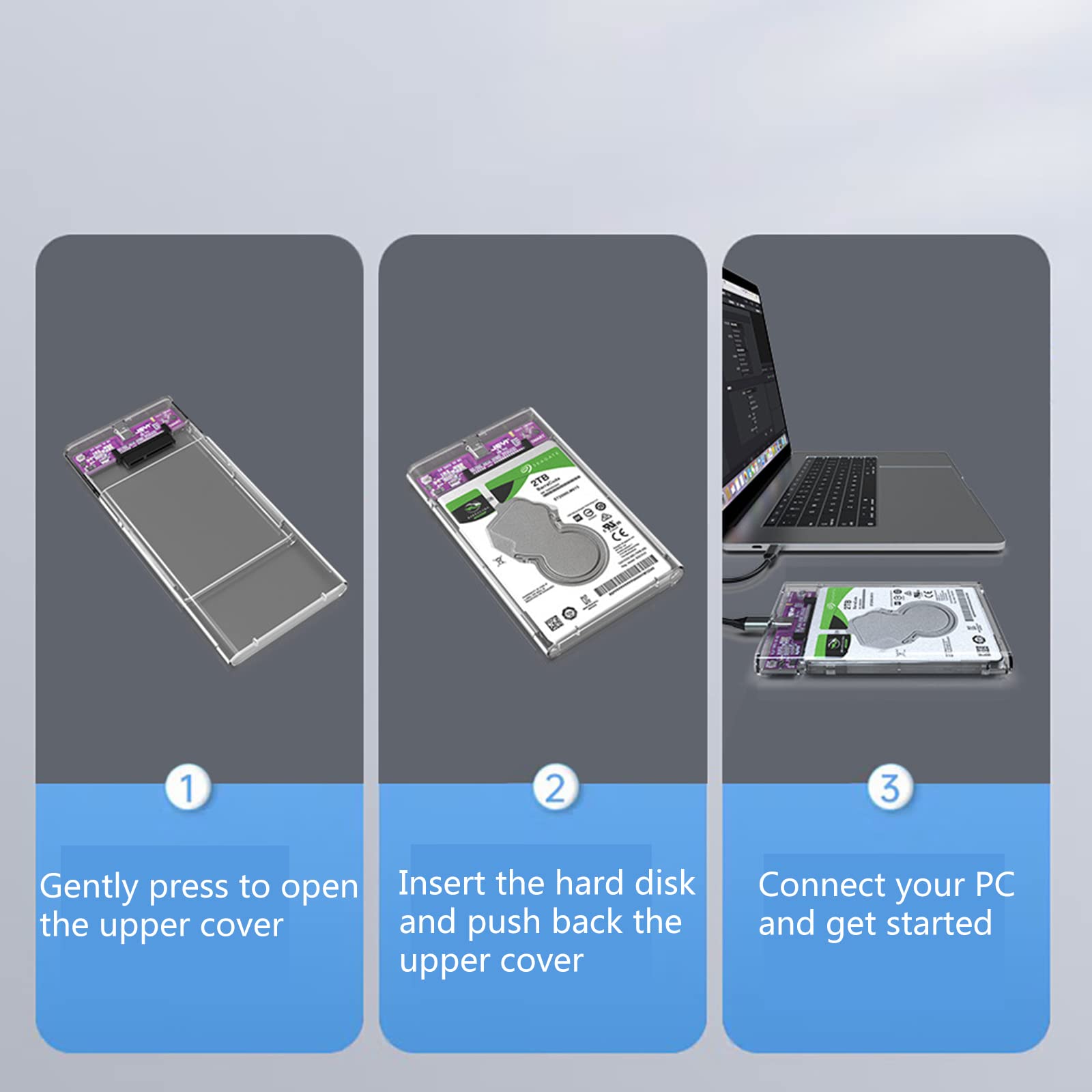 Transparent 2.5in TypeC 3 HDD Box HDD Hard Disk Drive Enclosure External Drive Disk Case Tool Free Support 2TB Ssd Enclosure 2.5in Hard Disk Case